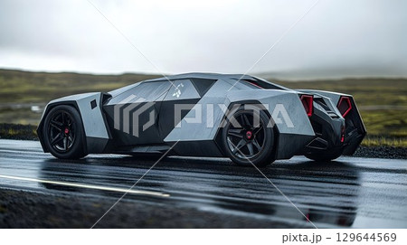 Futuristic angular car design on a wet road,...のイラスト素材 [129644569] - PIXTA