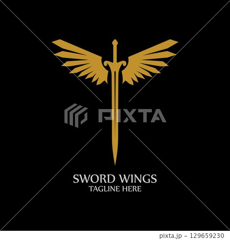 Sword with Wings. Golden Sword Symbol on Black...のイラスト素材 [129659230 ...