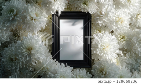 Black funeral frame with white chrysanthemums...のイラスト素材 [129669236] - PIXTA