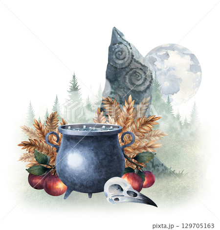 Mystical cauldron with potion, crow skull,...のイラスト素材 [129705163] - PIXTA