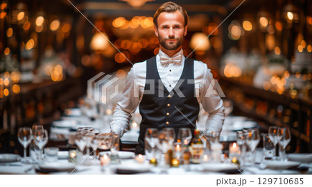 Male waiter in formal attire stands confidently...のイラスト素材 [129710685 ...