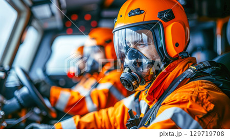 Emergency responders in protective gear driving...のイラスト素材 [129719708 ...