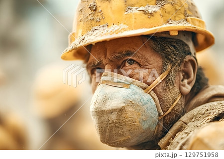 Construction worker wearing dirty mask and...のイラスト素材 [129751958] - PIXTA