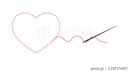 Red heart. Drawing of a needle and thread....のイラスト素材 [129755407] - PIXTA