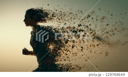 Woman running and breaking into pieces in slow...のイラスト素材 [129768649 ...