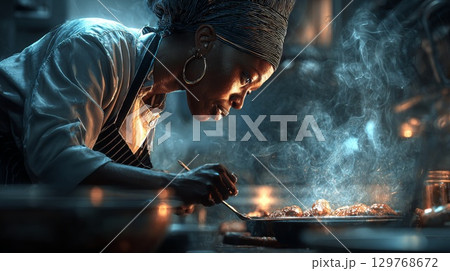 Female chef cooking delicious meal in smoky...のイラスト素材 [129768672] - PIXTA