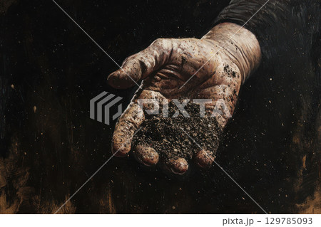Hand holding soil earthy tones detailed texture...のイラスト素材 [129785093 ...