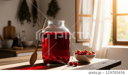 Homemade cherry kompot in a glass jar a rustic...のイラスト素材 [129785656 ...