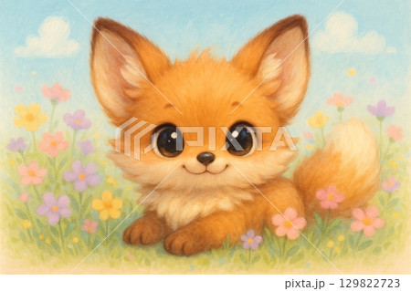 Cute kawaii fox with sparkling eyes in a flower...のイラスト素材 [129822723 ...