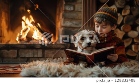 Child and dog cuddle near fireplace as child...のイラスト素材 [129832409] - PIXTA