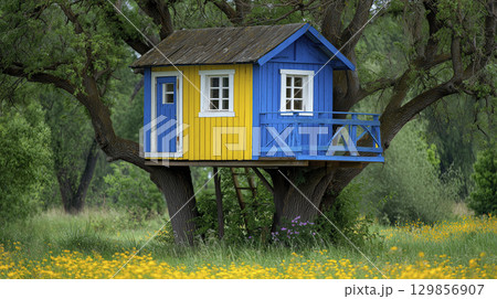 Bright blue yellow treehouse structure nestled...のイラスト素材 [129856907 ...