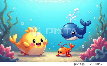 Pixel art depicting a whale and fish in vibrant...のイラスト素材 [129900576 ...