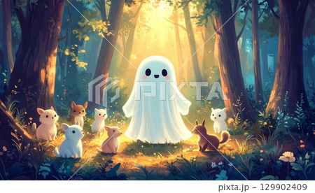 Cute little ghost with small forest animals in...のイラスト素材 [129902409 ...