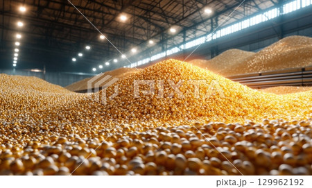 Huge piles of harvested corn kernels stored...のイラスト素材 [129962192] - PIXTA