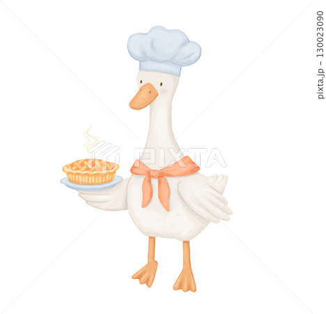 Watercolor cute baby chef goose character with...のイラスト素材 [130023090 ...