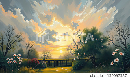Romantic fantasy landscape with blooming garden.のイラスト素材 [130097387] - PIXTA