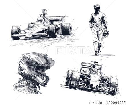 Formula 1 racer. F1 car pilot sketches, racers...のイラスト素材 [130099935 ...