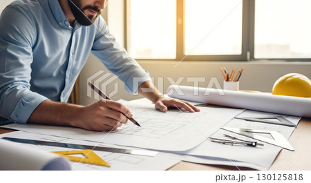 Architects study blueprints while planning a...のイラスト素材 [130125818] - PIXTA