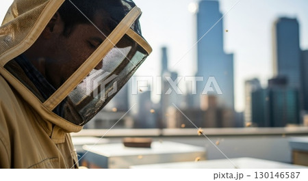 Urban Beekeeper in Protective Gear Against City...のイラスト素材 [130146587 ...