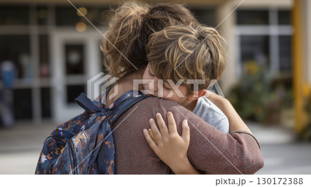 Mother hugs child tightly on first day, feeling...のイラスト素材 [130172388 ...