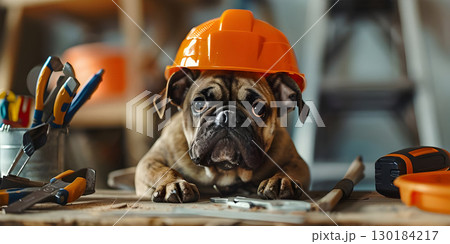 Cute bulldog in orange helmet with hand tools...のイラスト素材 [130184217] - PIXTA