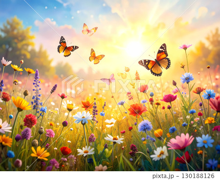 Peaceful spring meadow with colorful flower and...のイラスト素材 [130188126 ...