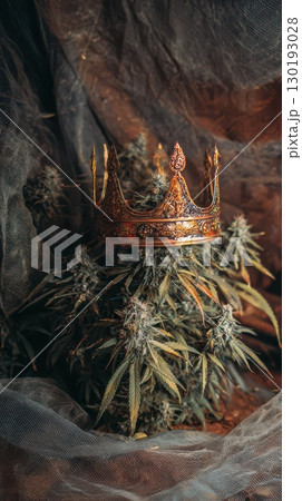 Crown placed on cannabis plant in creative displayのイラスト素材 [130193028 ...