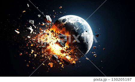 Cosmic moon shattering into fiery fragments and...のイラスト素材 [130205197 ...