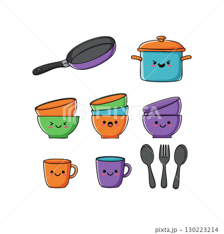 Cute colorful kitchen cookware set with frying...のイラスト素材 [130223214 ...