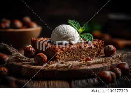 Warm hazelnut cake with vanilla ice cream on...のイラスト素材 [130277396] - PIXTA
