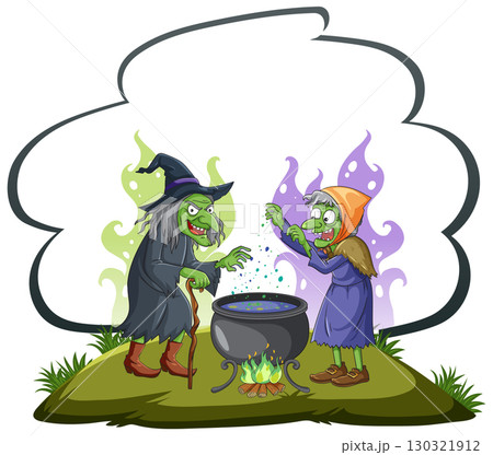 Two Cartoon Witches Mixing Potion in Cauldron...のイラスト素材 [130321912] - PIXTA