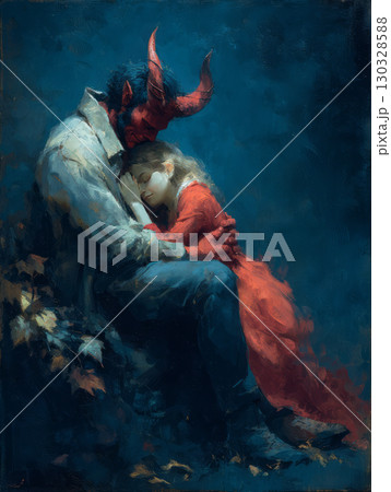 Demon hugs a witch in the night forest. Loveのイラスト素材 [130328588] - PIXTA