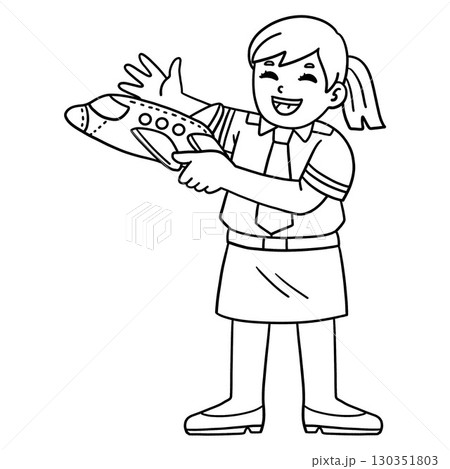 Female Pilot with Toy Plane Isolated Coloring Pageのイラスト素材 [130351803 ...