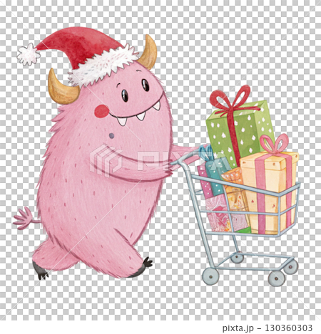 cartoon monster wearing a Santa hat pushing a...のイラスト素材 [130360303] - PIXTA