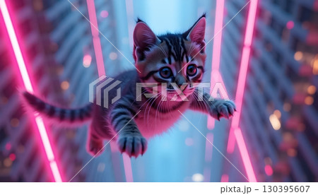 Brave Cartoon Cat Hero Soaring Above Bright...のイラスト素材 [130395607] - PIXTA