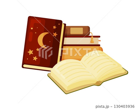 Stack of Books with Open Magic Tomeのイラスト素材 [130403936] - PIXTA