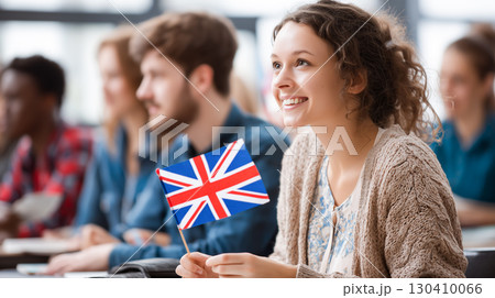 Student holding UK flag in learning English...のイラスト素材 [130410066] - PIXTA