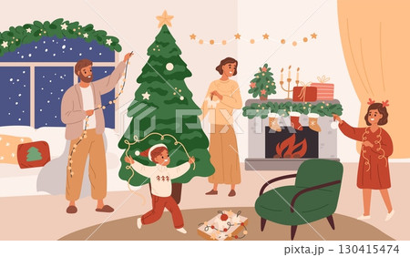 Happy family decorates Christmas tree. People...のイラスト素材 [130415474] - PIXTA