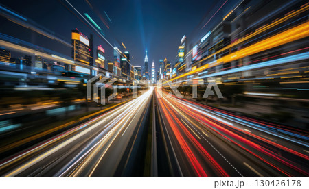 Fast Moving Lights in a Modern Cityscape at Night.のイラスト素材 [130426178 ...