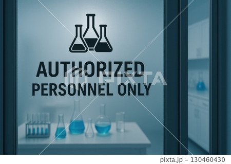 Chemistry lab door labeled AUTHORIZED PERSONNEL...のイラスト素材 [130460430 ...