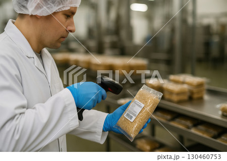 Employee scanning barcode of packaged goods in...のイラスト素材 [130460753 ...