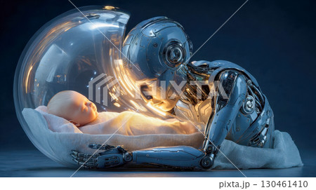 Futuristic humanoid robot looks after newborn...のイラスト素材 [130461410] - PIXTA