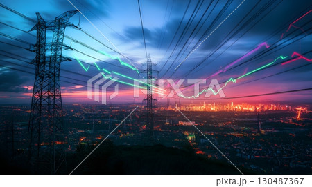 electric power grid at sunset over cityscapeのイラスト素材 [130487367] - PIXTA
