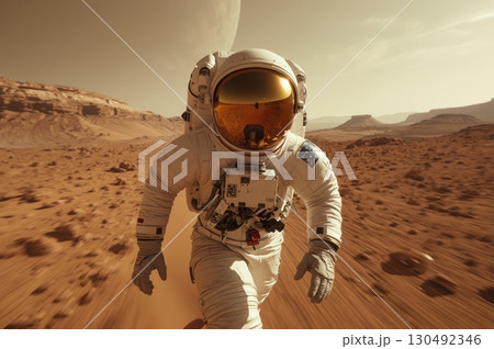 Astronaut runs Mars surface dramatic red...のイラスト素材 [130492346] - PIXTA