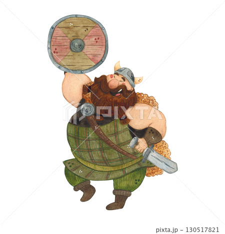 Dancing Viking with a shield in one hand and a...のイラスト素材 [130517821 ...