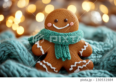 Gingerbread figure wearing a teal scarf among...のイラスト素材 [130531984] - PIXTA