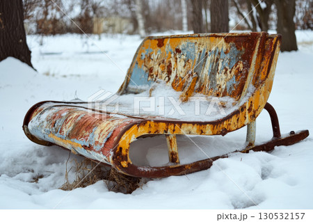Rusty sled covered in snow sits abandoned in a...のイラスト素材 [130532157 ...