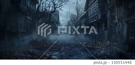 Empty Spooky street scene background, Happy...のイラスト素材 [130551448] - PIXTA