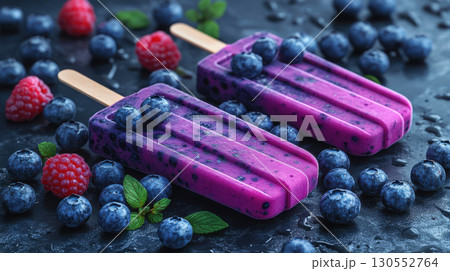 violet berry ice cream popsicles decorated with...のイラスト素材 [130552764 ...