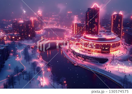 Winter Cityscape: Neon Glow Reflecting on...のイラスト素材 [130574575] - PIXTA